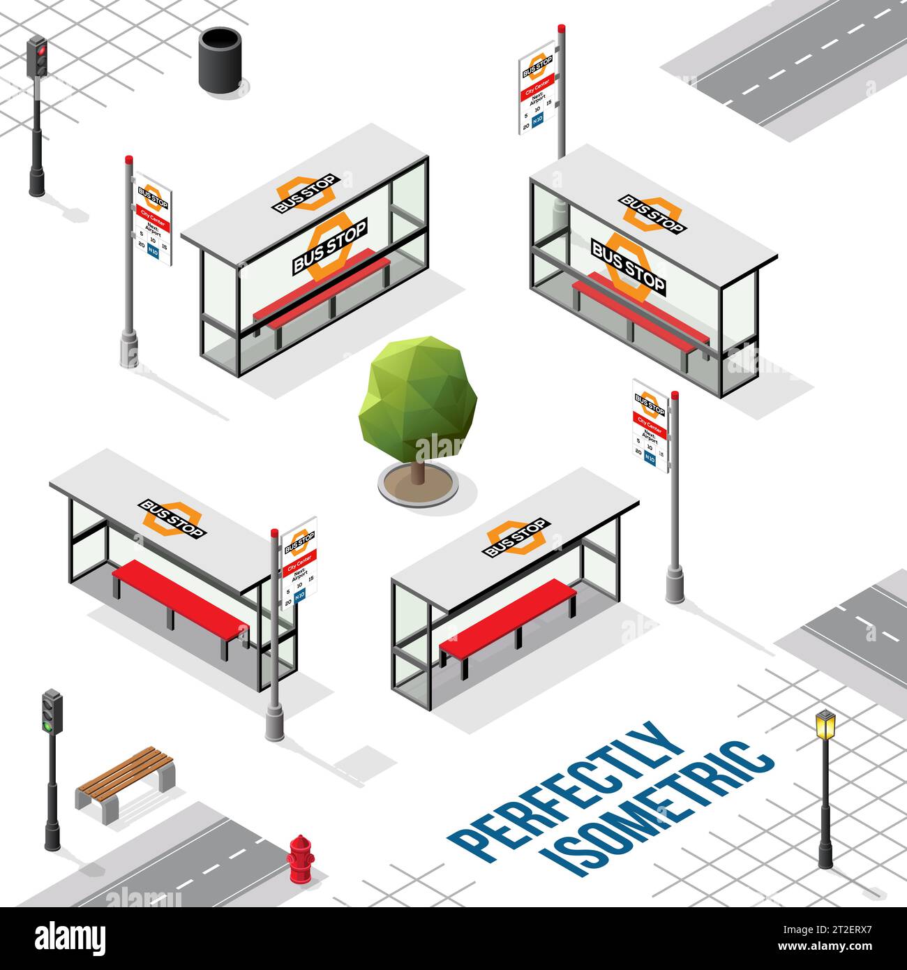 Isometric Bus Stops from Front Back Right and Left Views isolated on a ...