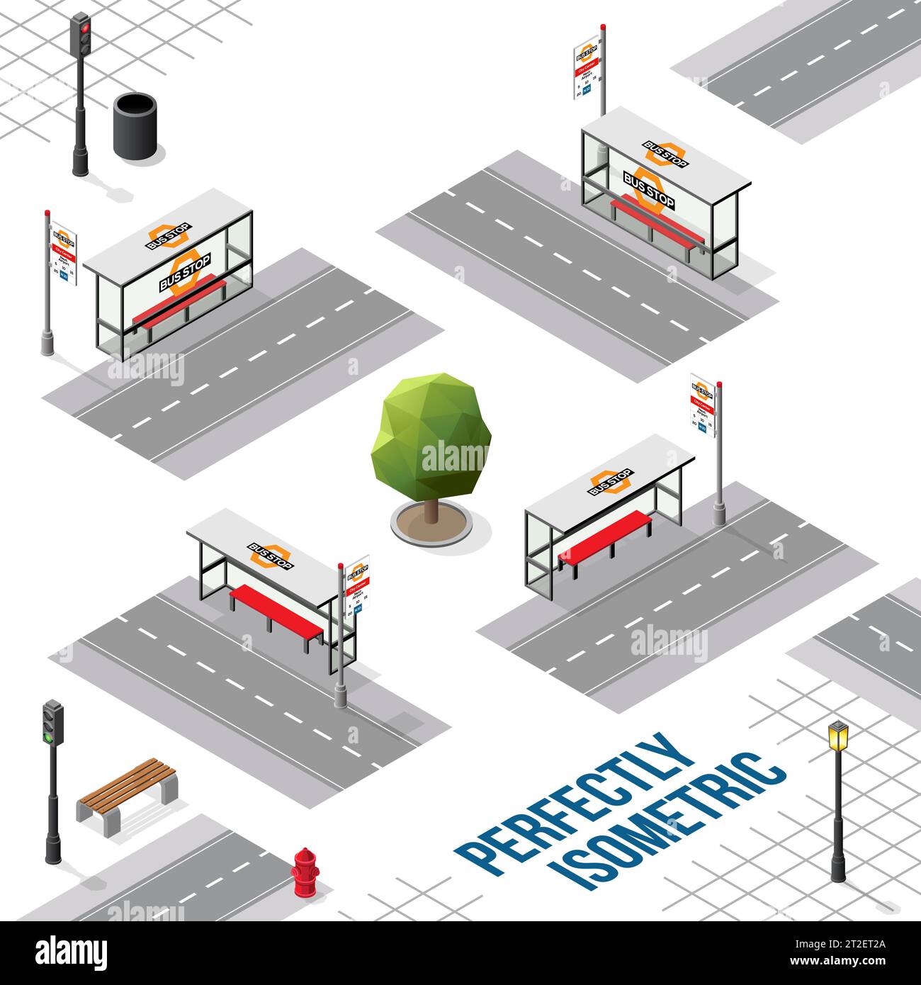 Isometric Bus Stops with Roads from Front Back Right and Left Views ...