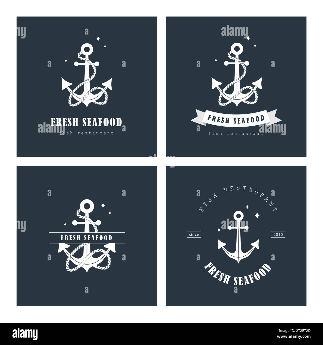 Set of fresh seafood logos. Vintage stickers with anchor icons. Marine ...