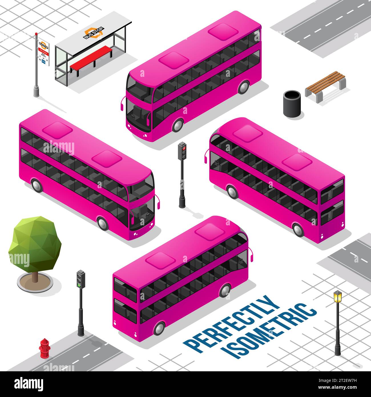 Magenta Double Decker Isometric Bus from the Front Back Right and Left ...