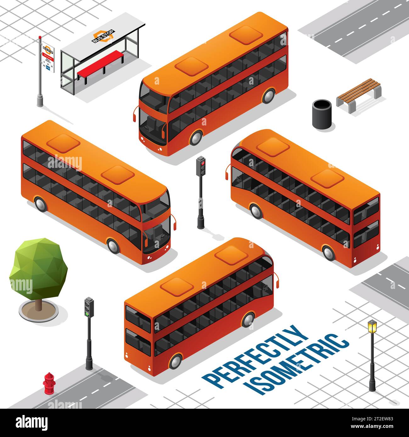 Orange Double Decker Isometric Bus from the Front Back Right and Left ...