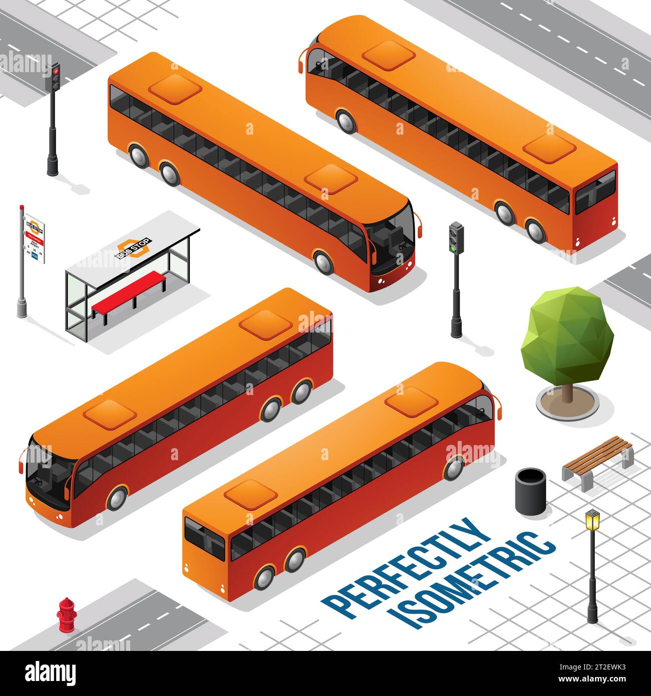 Orange Long Isometric Bus from the Front Back Right and Left isolated ...