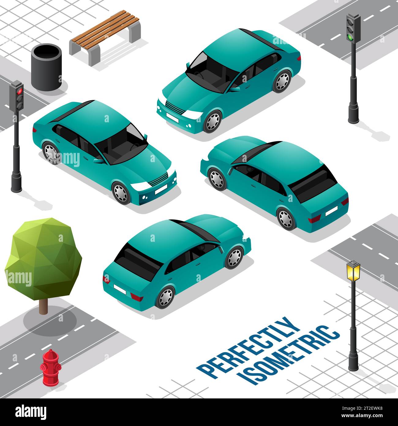 Persian Green Isometric Long Car from Front Back Right and Left ...