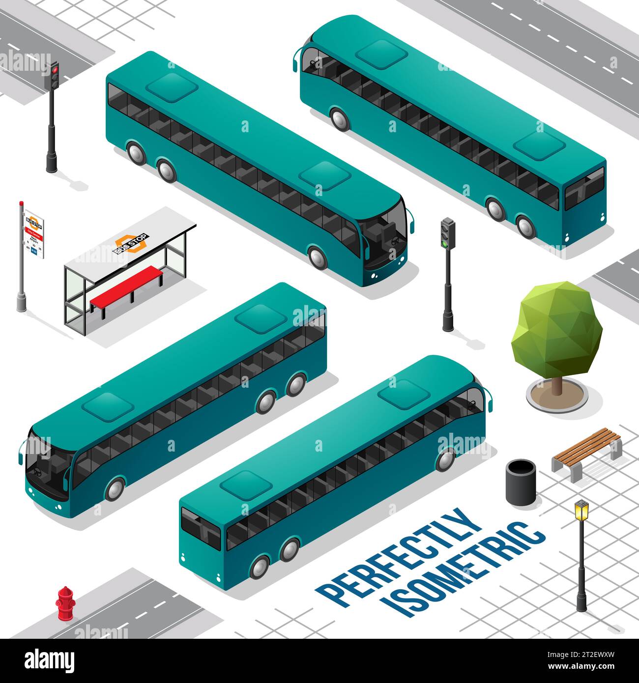 Persian Green Long Isometric Bus from the Front Back Right and Left ...