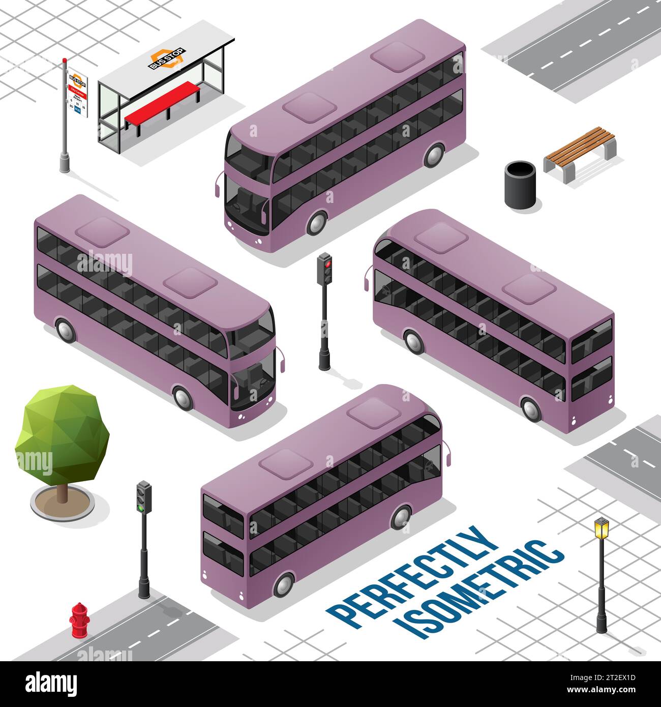 Purple Double Decker Isometric Bus from the Front Back Right and Left ...