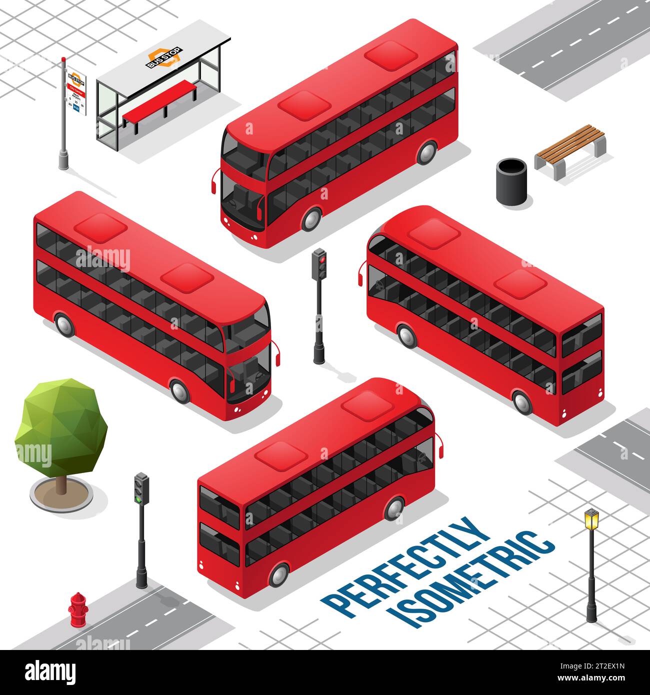 Red Double Decker Isometric Bus from the Front Back Right and Left ...