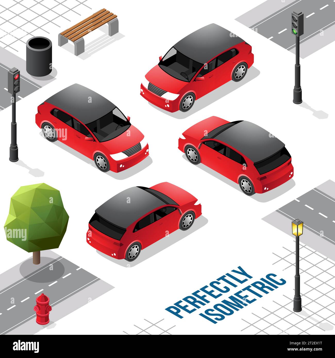 Red and Black Isometric Hatchback Car from Front Back Right and Left ...