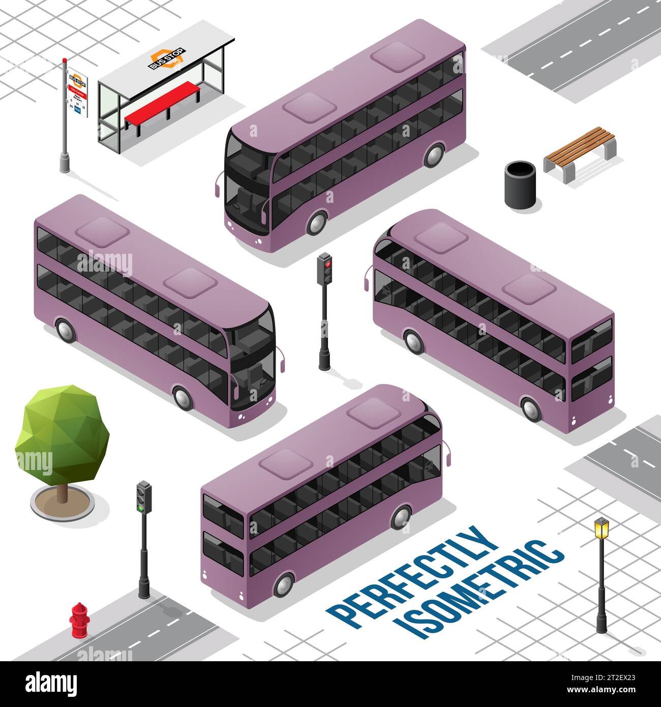 Purple and Black Double Decker Isometric Bus from the Front Back Right ...