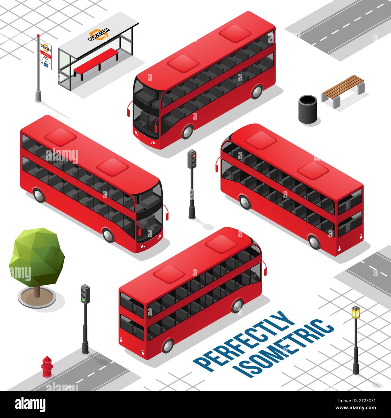 Red and Black Double Decker Isometric Bus from the Front Back Right and ...