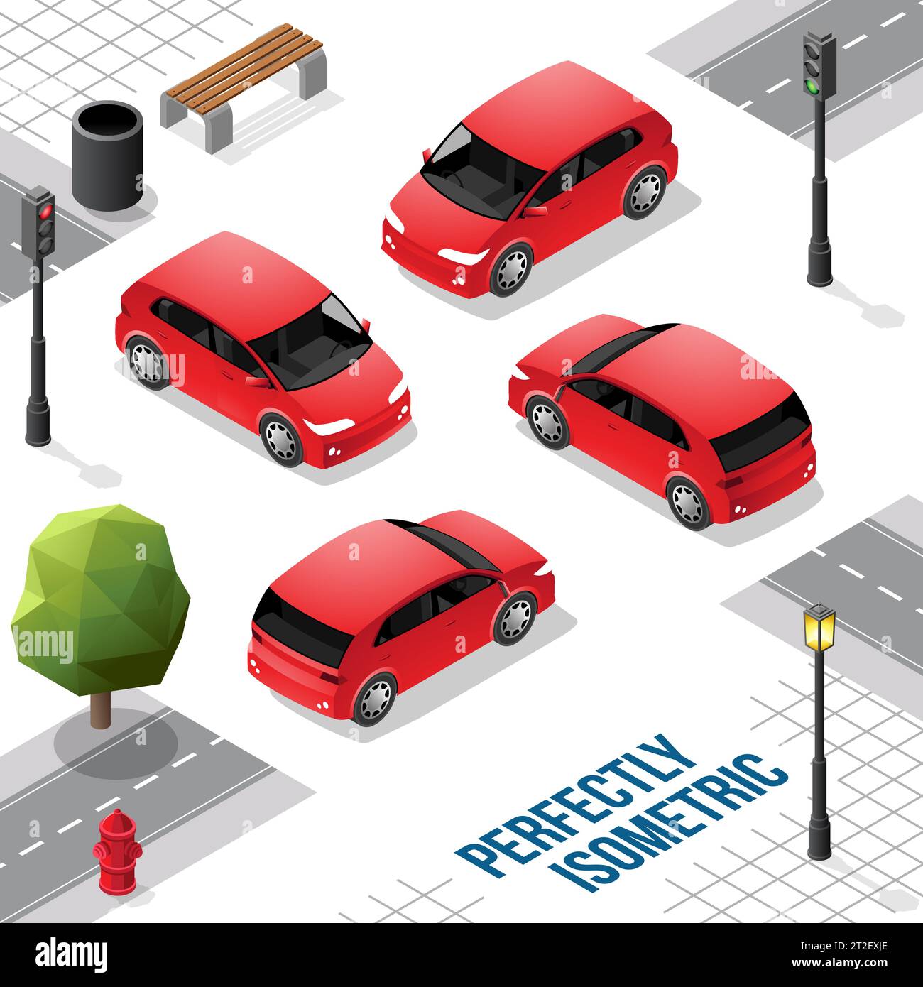 Red Small Isometric Car from Front Back Right and Left isolated on ...