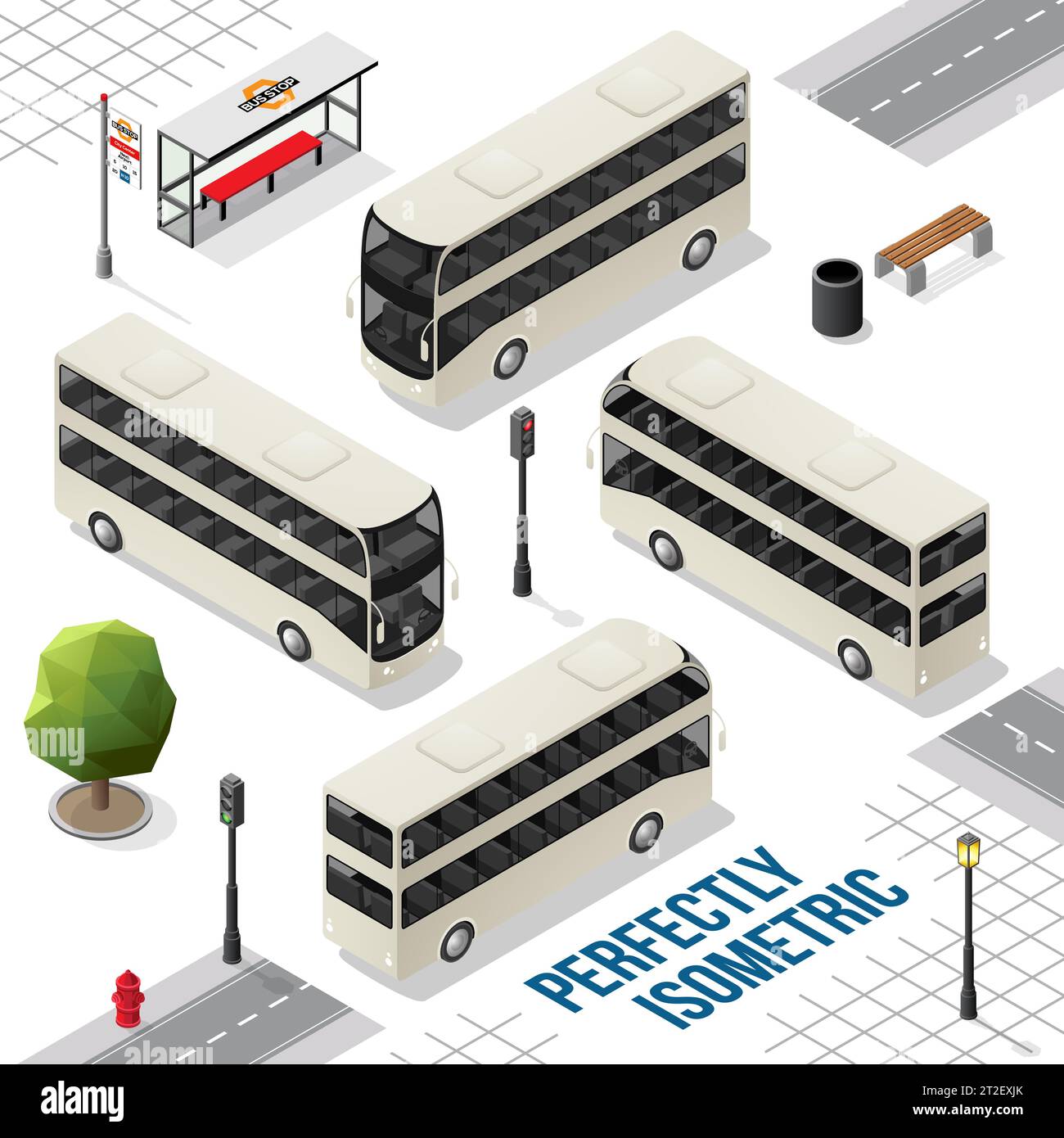 White and Black Double Decker Isometric Bus from the Front Back Right ...