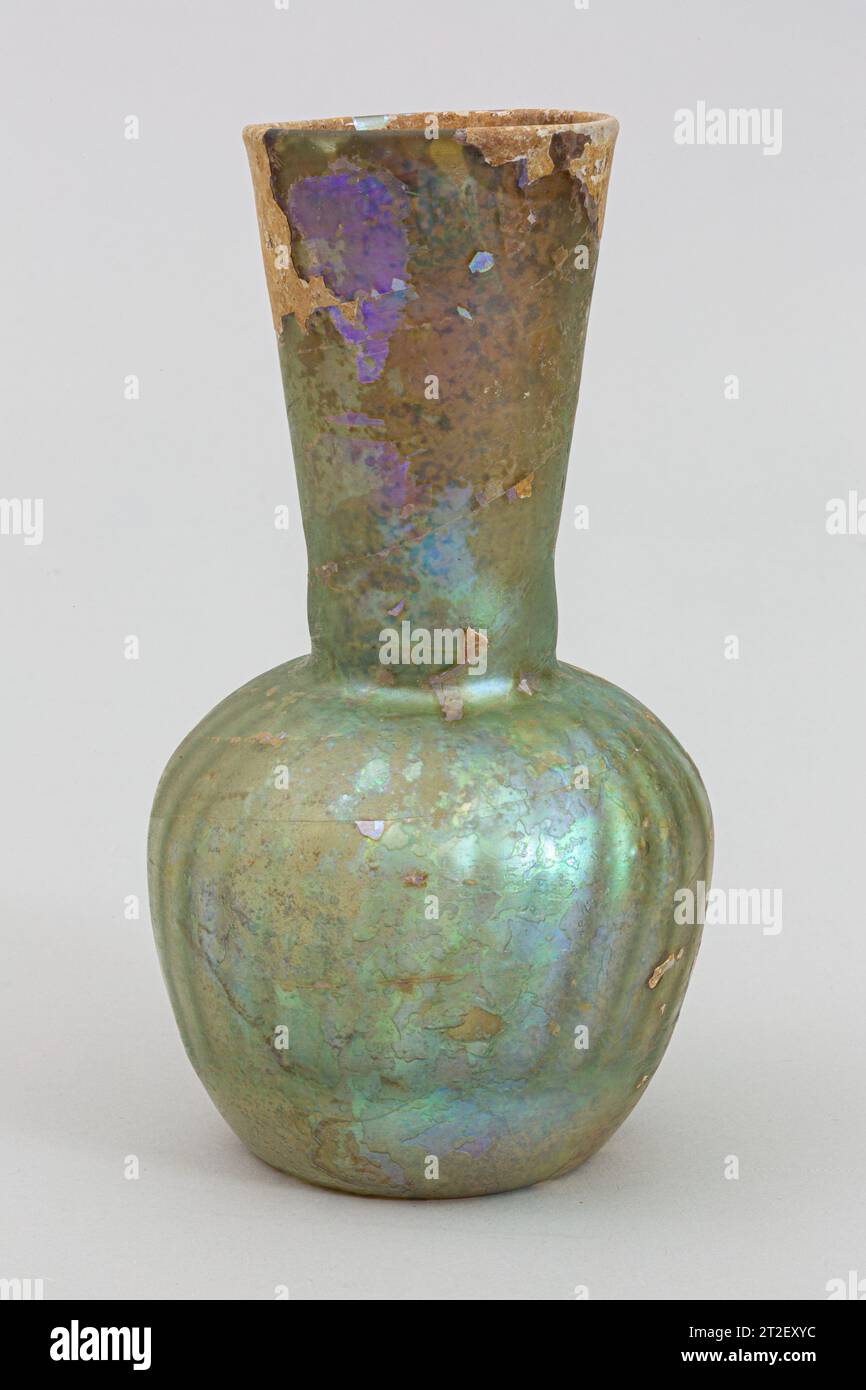 Glass flask Roman 4th–5th century CE Translucent blue green.Plain ...