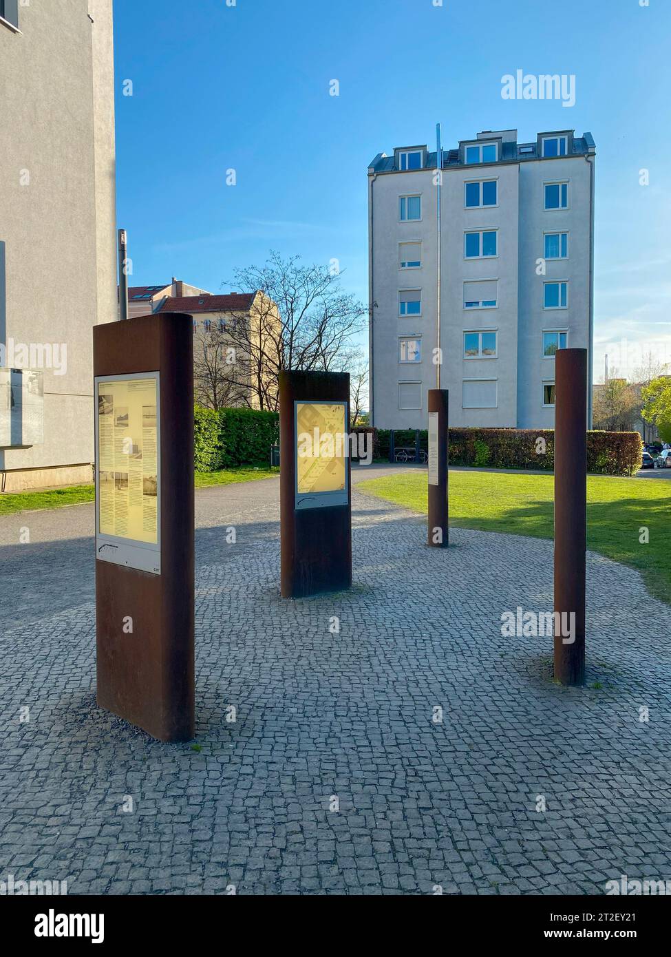 Information boards at the Berlin Wall Memorial Visitor Centre in Berlin ...