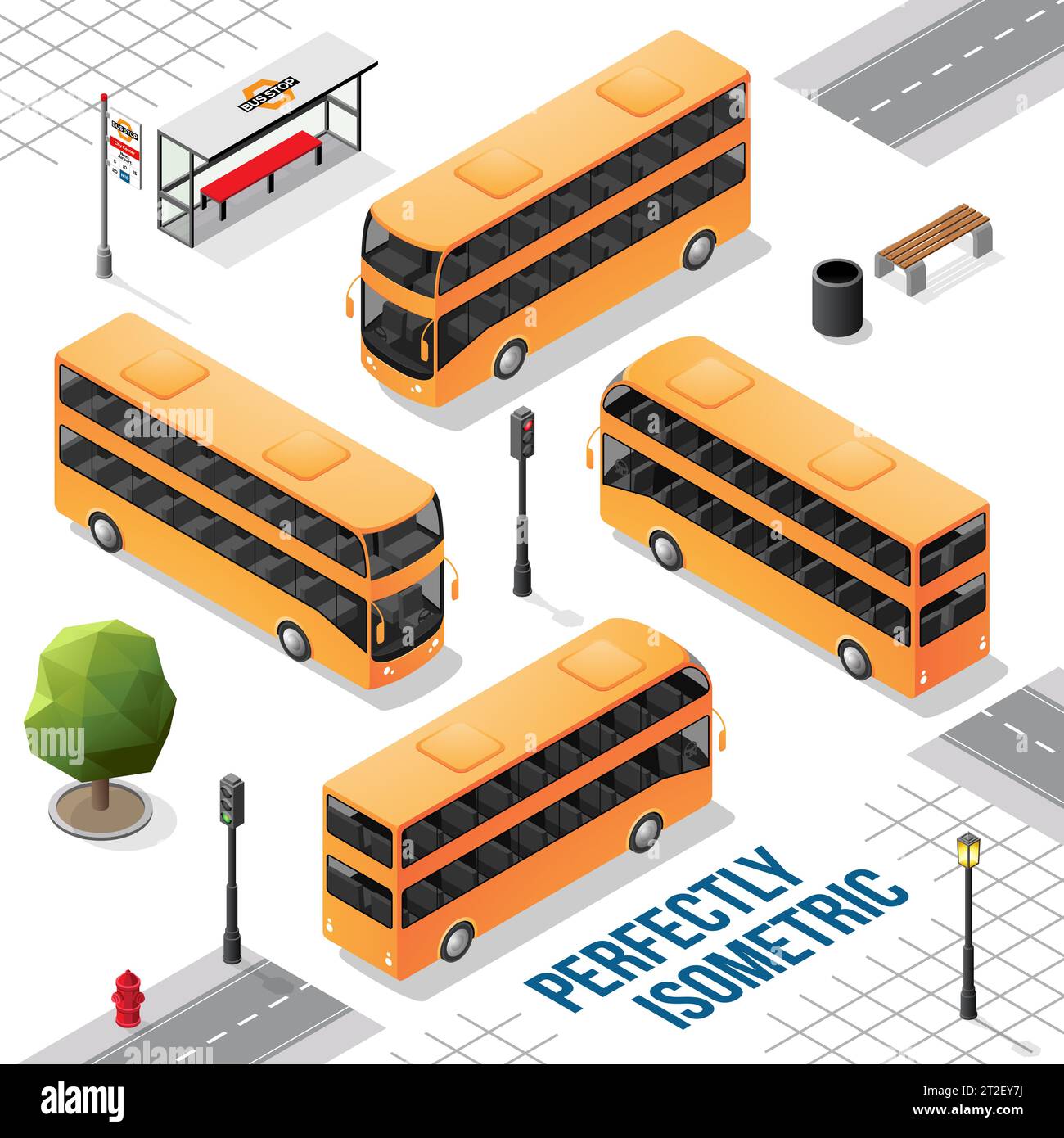 Yellow Double Decker Isometric Bus from the Front Back Right and Left ...