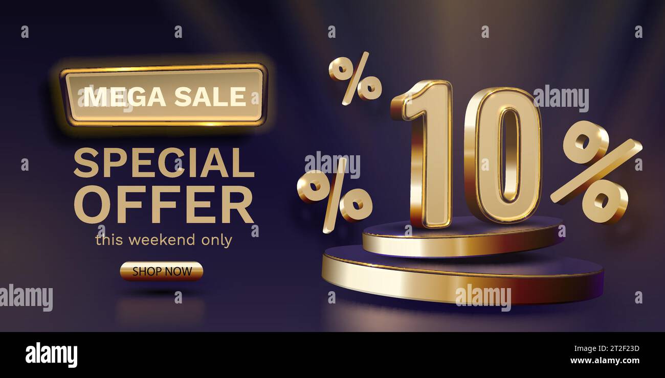 Mega sale, 10 special offer banner. Golden sign board promotion. Vector ...