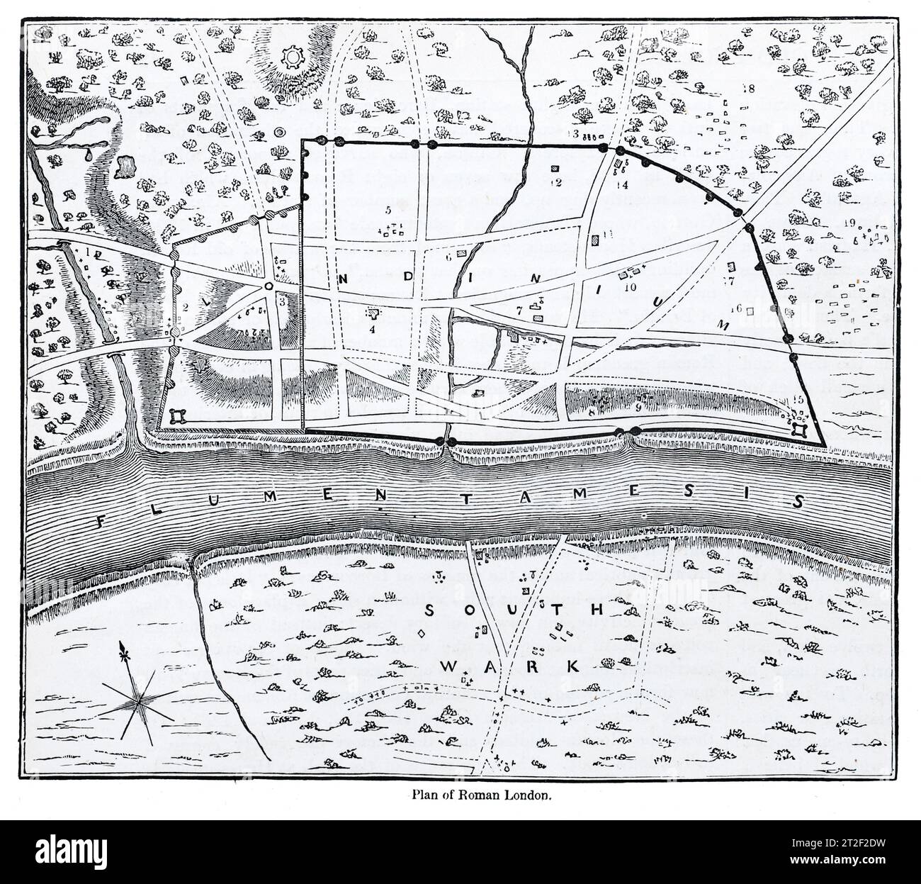Plan of Roman London. Black and White Illustration from the "Old ...
