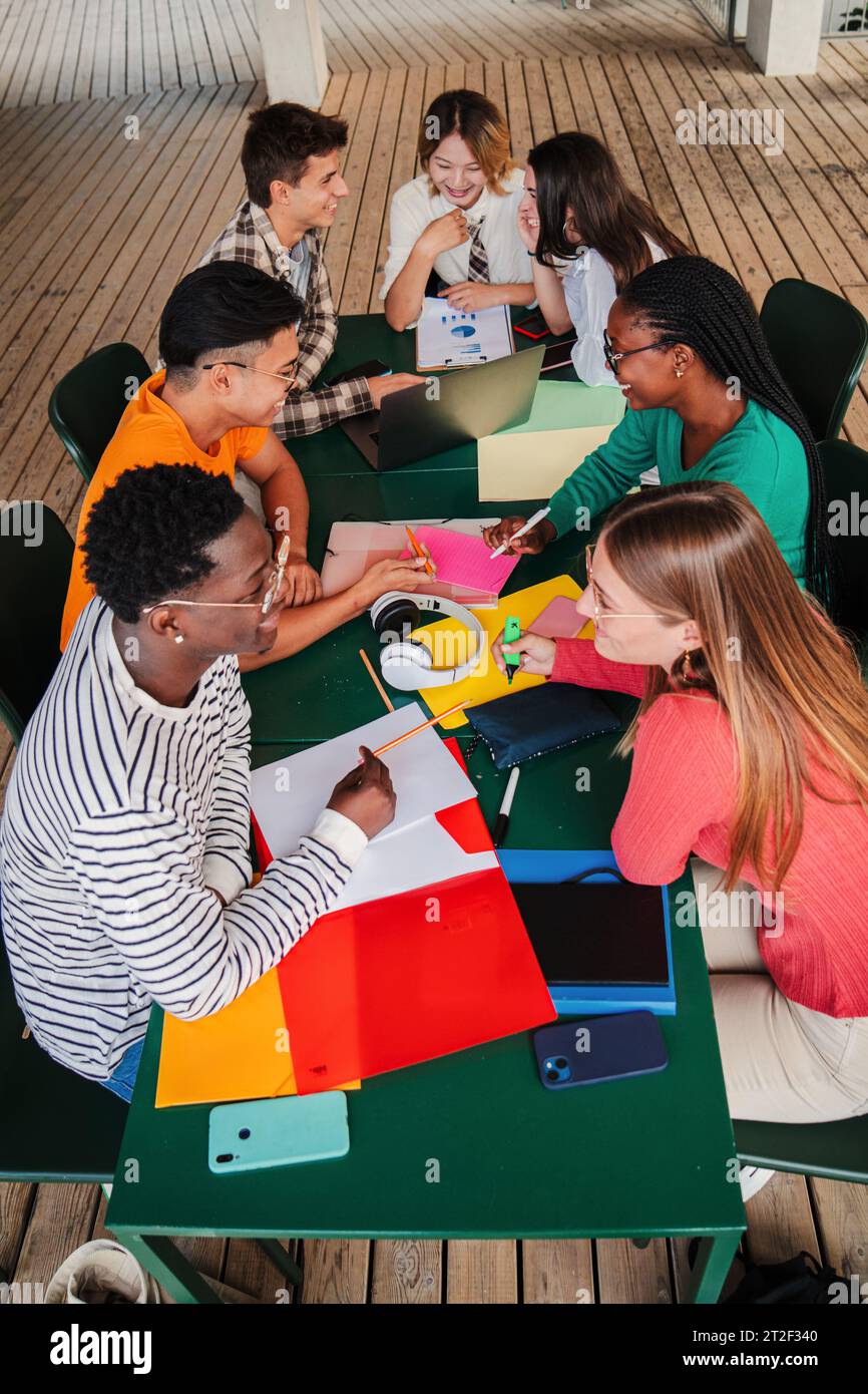 Vertical high angle view of a big group of multiracial teenage students ...