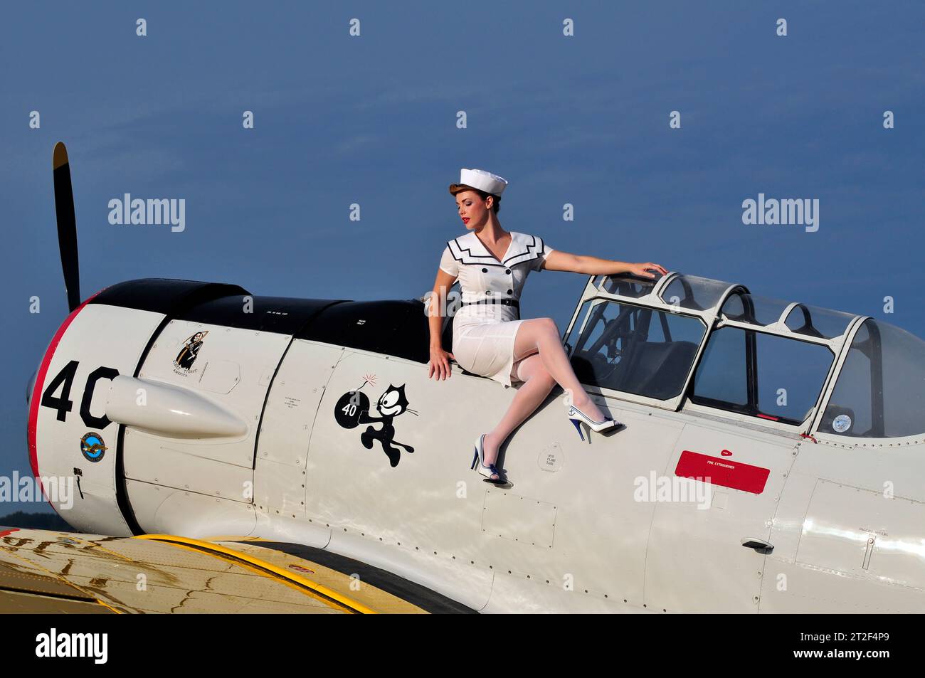 Navy girl sitting near the cockpit of an SNJ trainer aircraft Stock Photo - Alamy