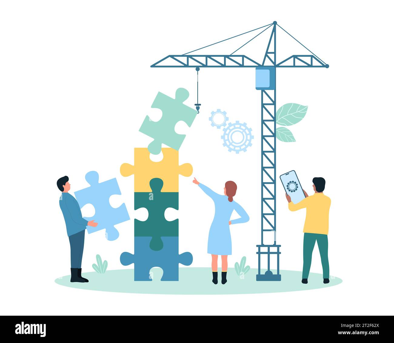 Teamwork construction, company cooperation vector illustration. Cartoon tiny people build ...