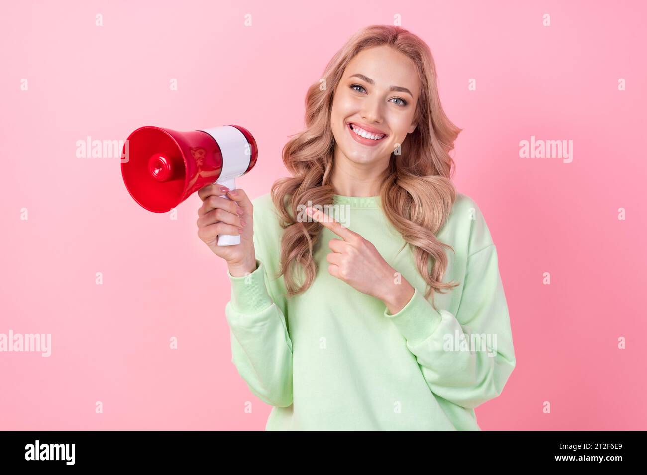 Portrait of cute positive person toothy smile indicate finger ...