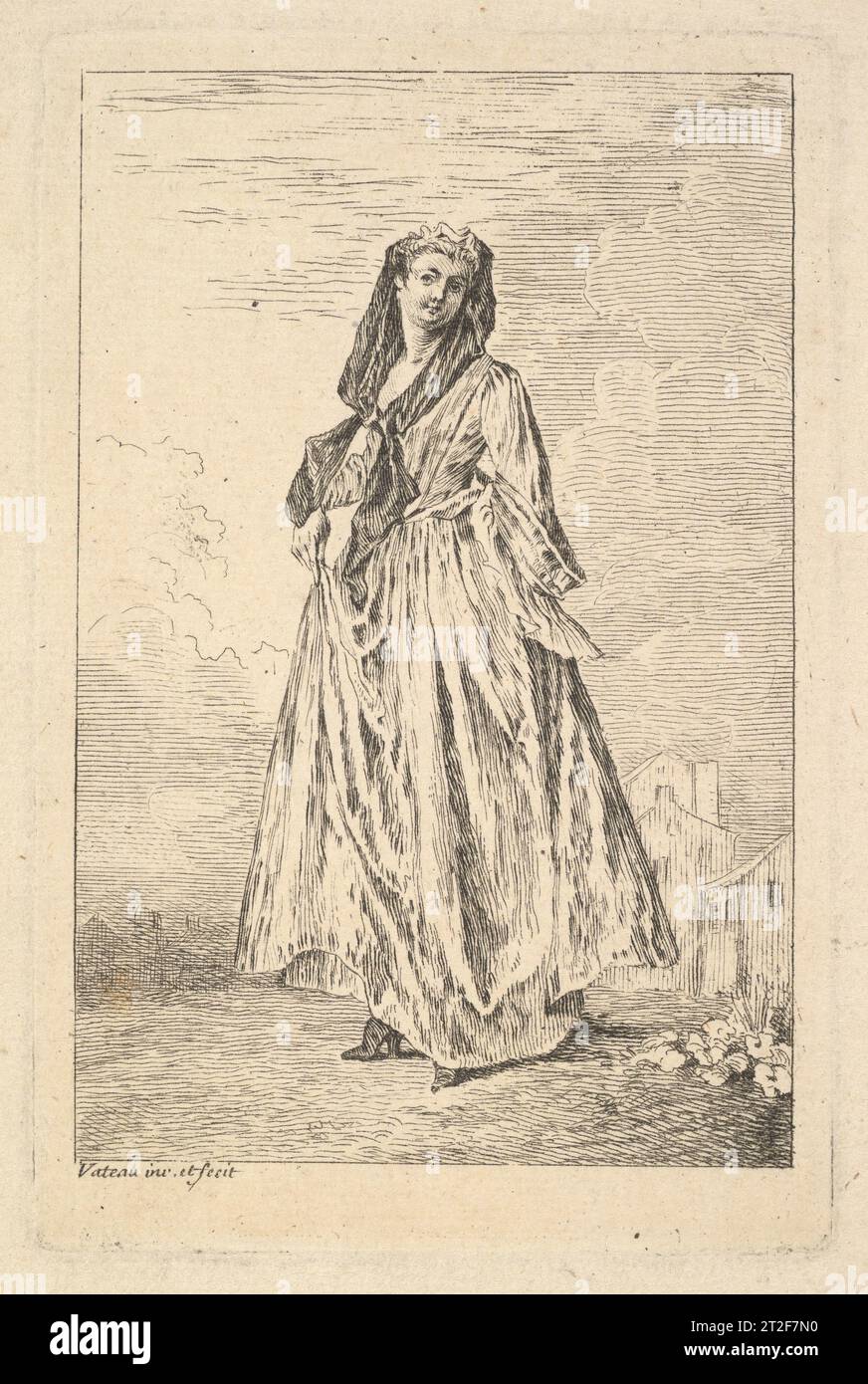 Woman walking and holding her skirt with her right hand, shown in three ...