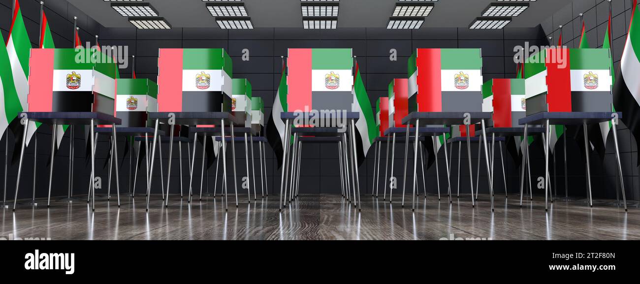 United Arab Emirates - polling station and voting booths with coat of ...