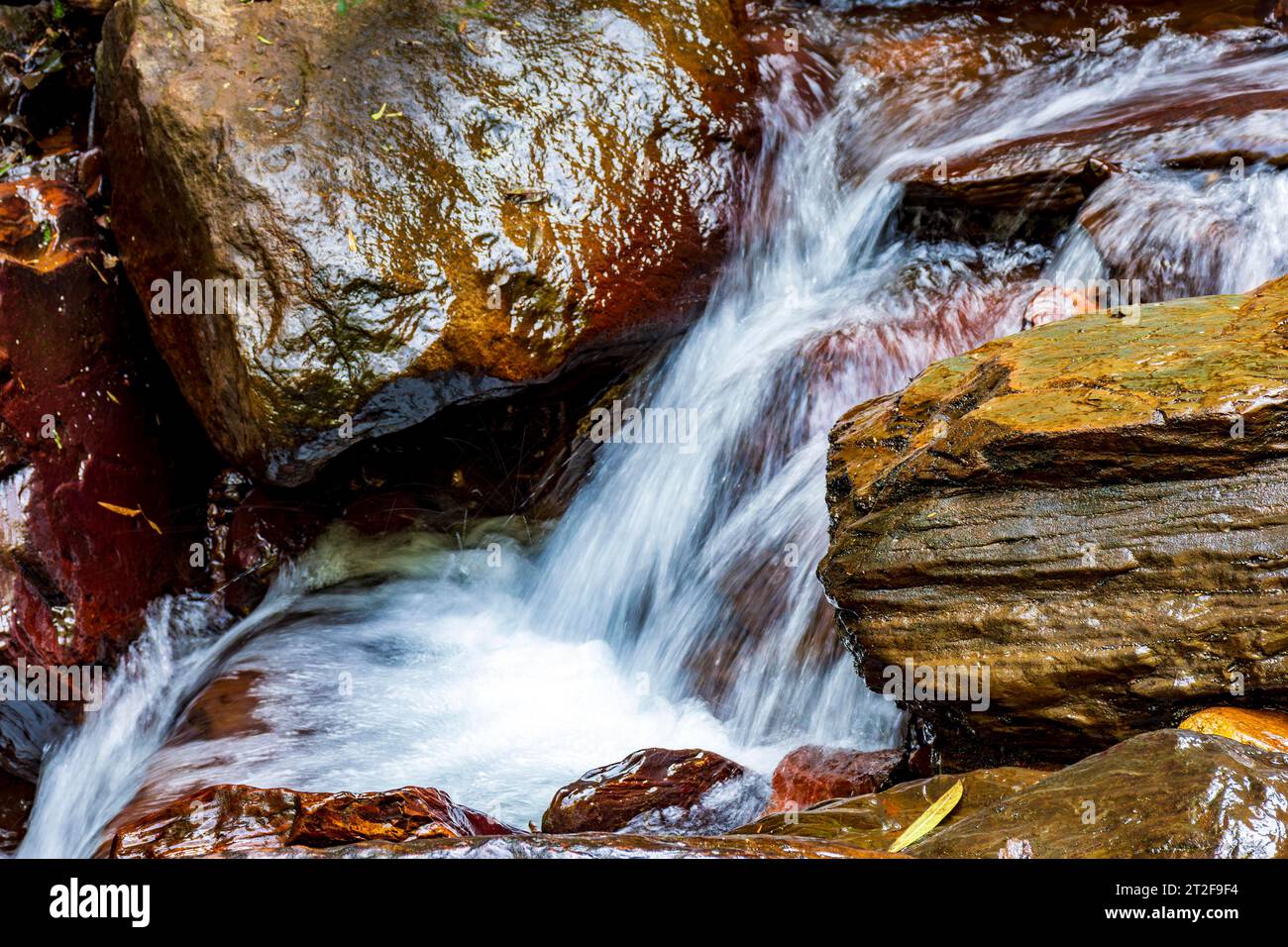Movement of river water flowing between rocks in the rainforest in ...