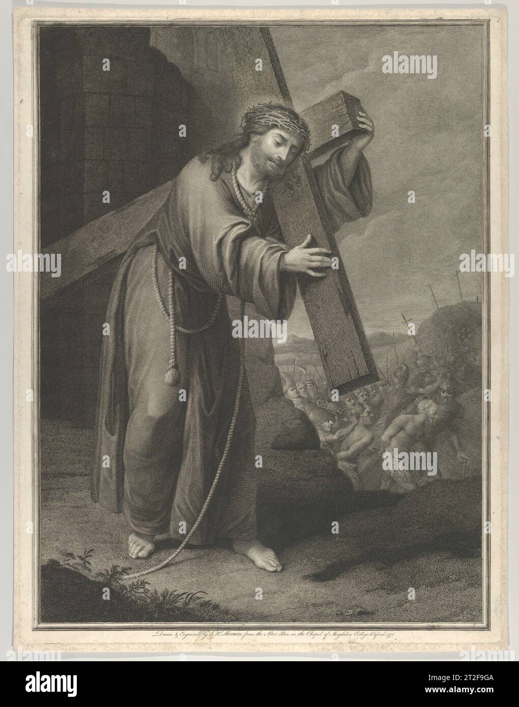 Christ carrying the cross, at right the two thieves on the road to ...