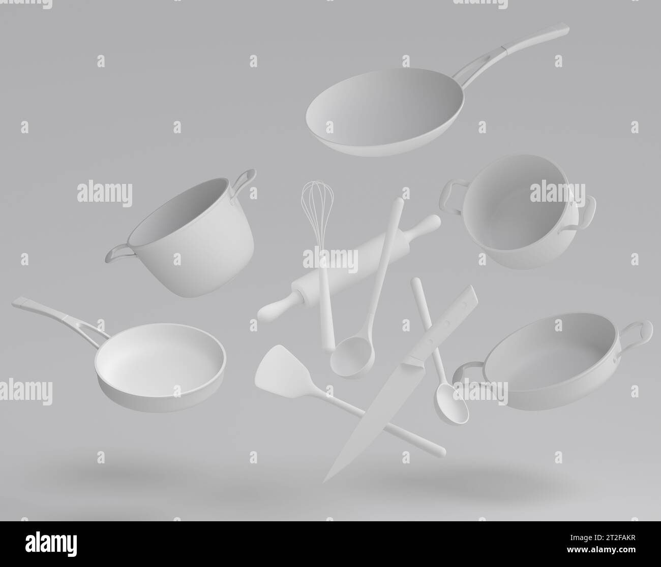 Set of flying stewpot, frying pan and chrome plated cookware on ...