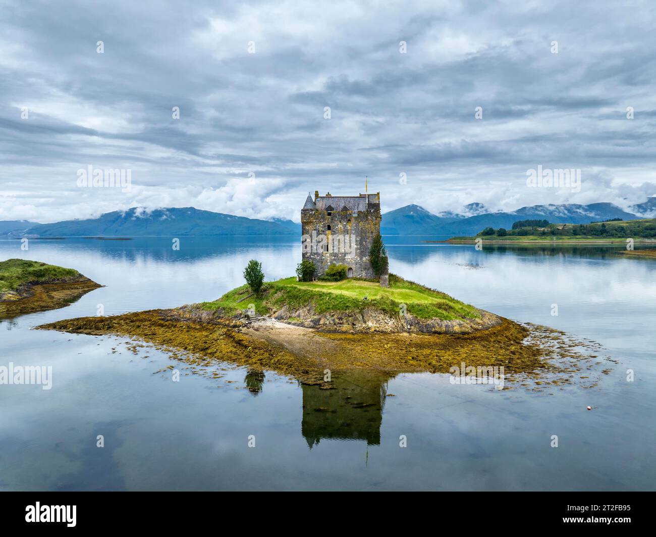 Aerial view of the 14th century island castle Castle Stalker in Loch ...