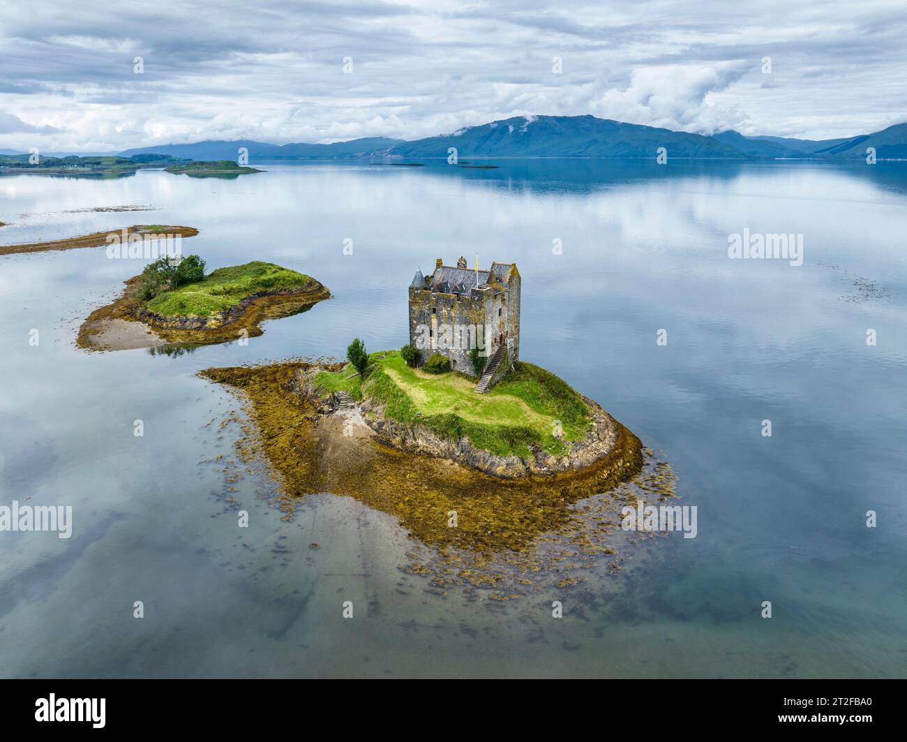 Aerial view of the 14th century island castle Castle Stalker in Loch ...