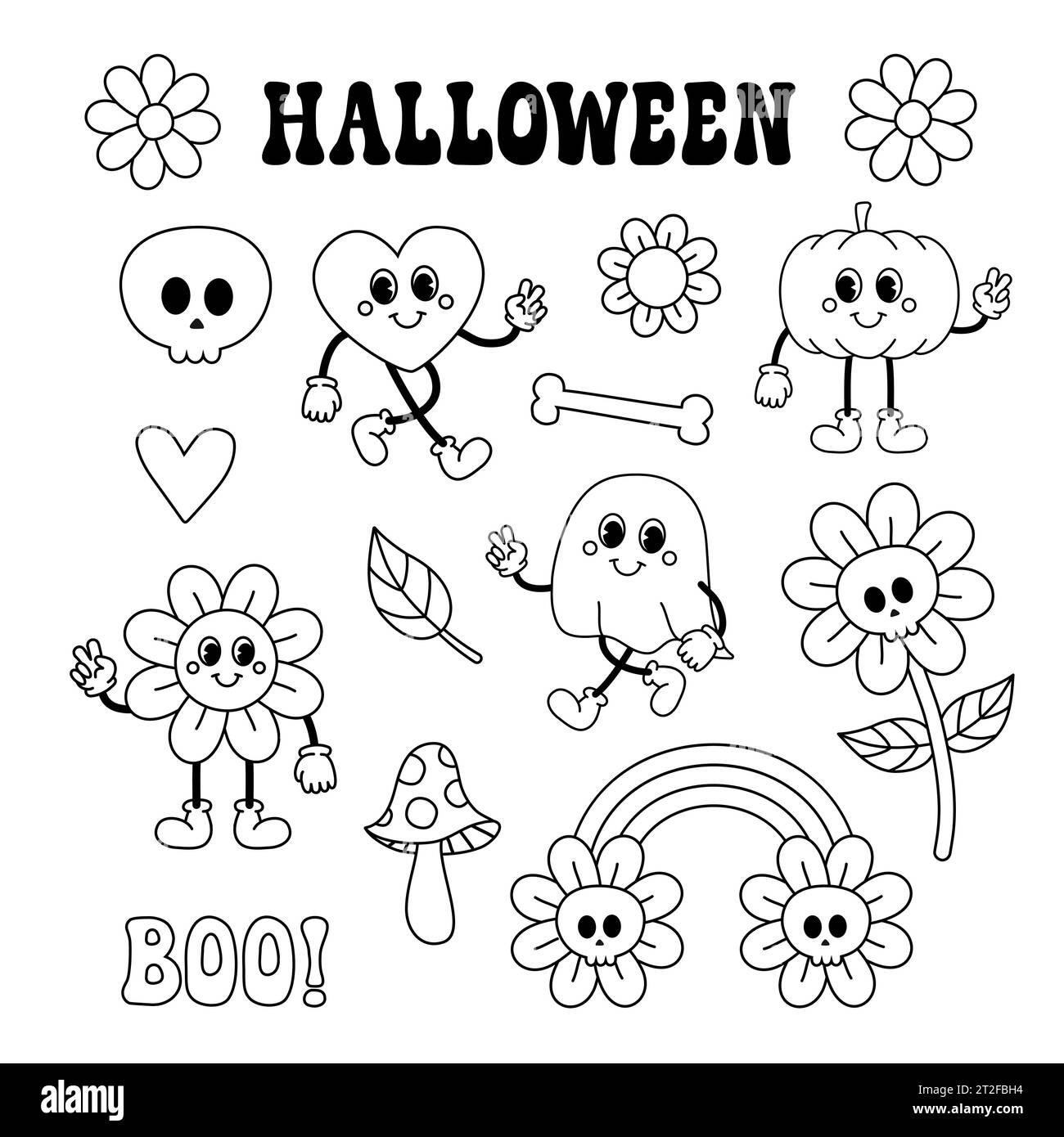 Vector set of groovy halloween cartoon retro outline characters and ...