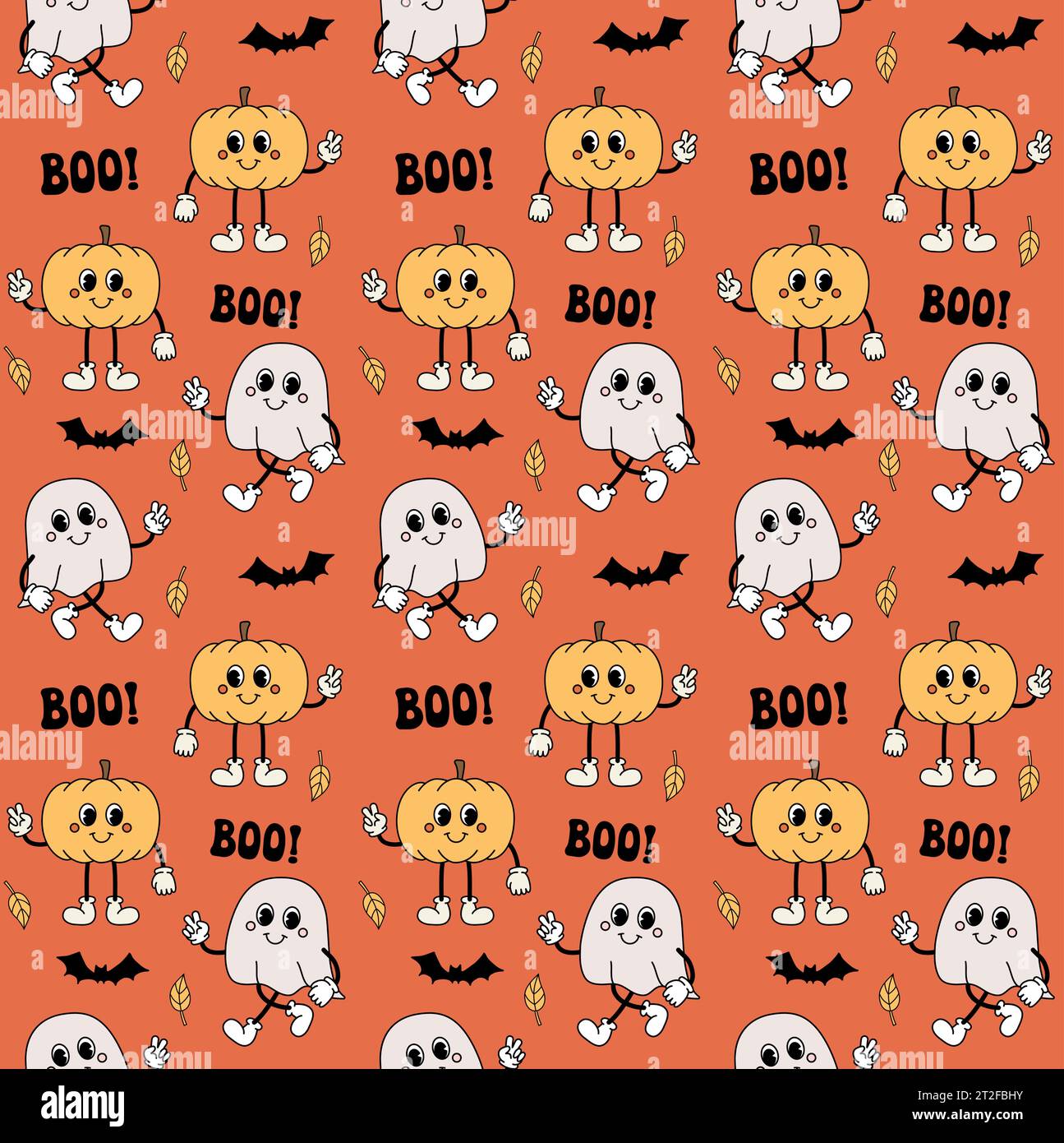 Vector seamless pattern of groovy halloween ghost and pumpkin isolated ...