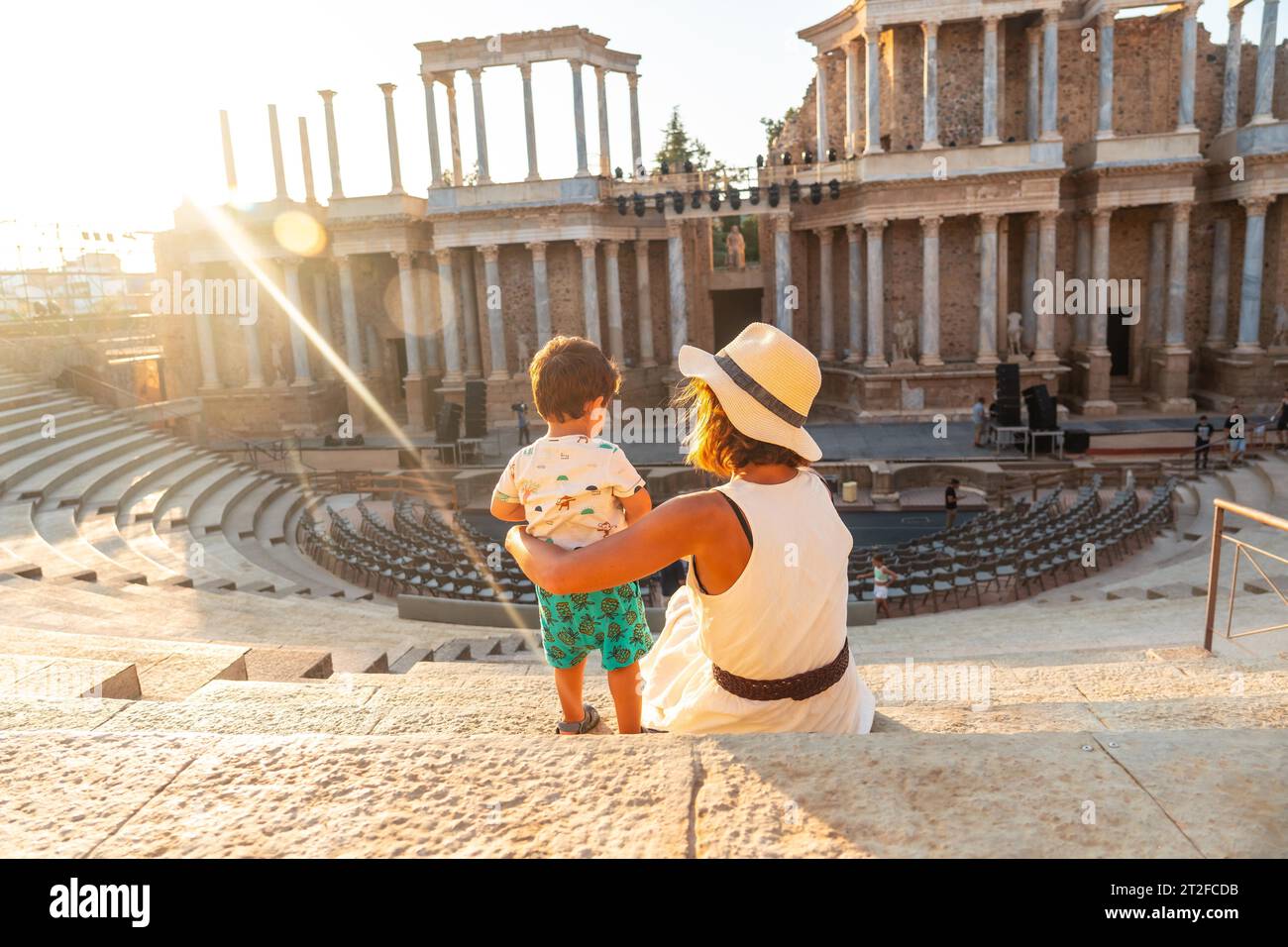 Roman Ruins of Merida, a mother with her baby visiting the Roman ...