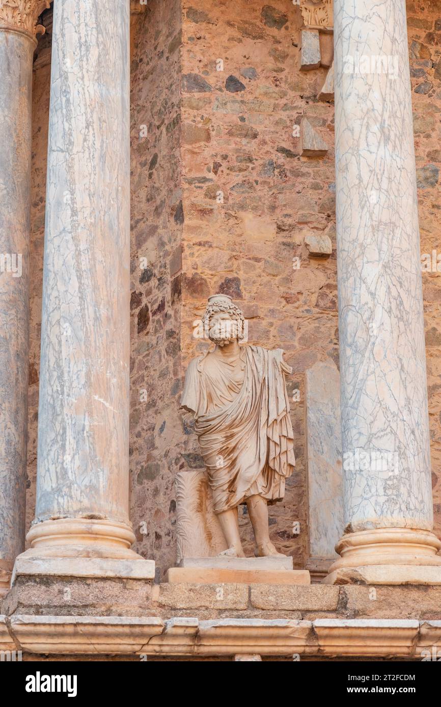 Roman Ruins of Merida, detail of the precious sculptures of the Roman Theater. Extremadura ...