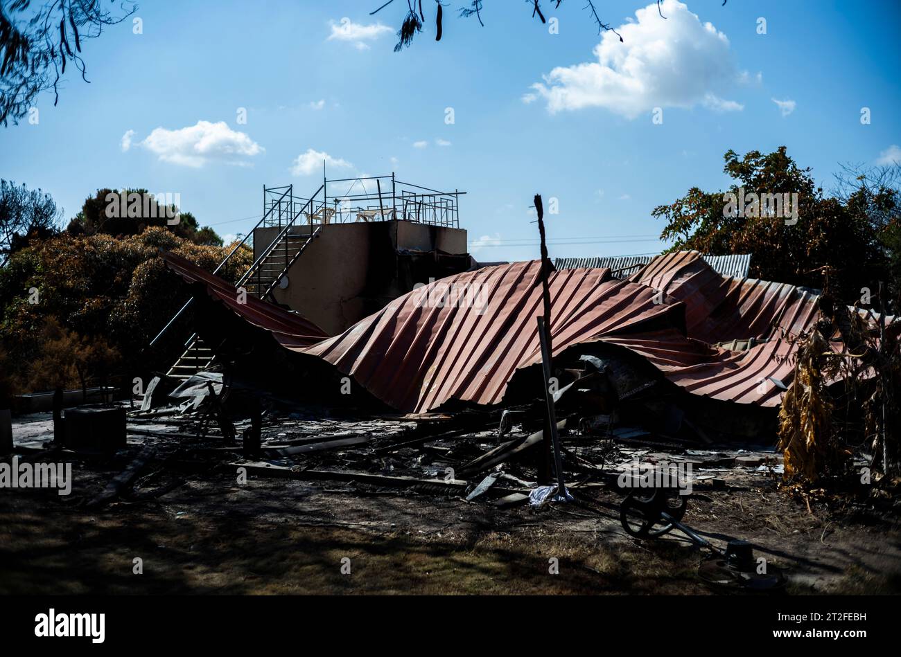 Nir Oz, Israel. 19th Oct, 2023. A view of the devastation caused by ...