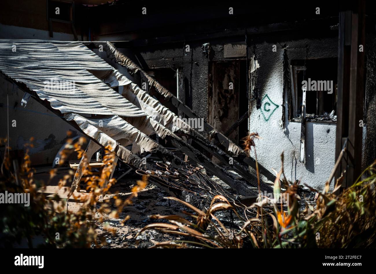 Nir Oz, Israel. 19th Oct, 2023. A view of the devastation caused by ...
