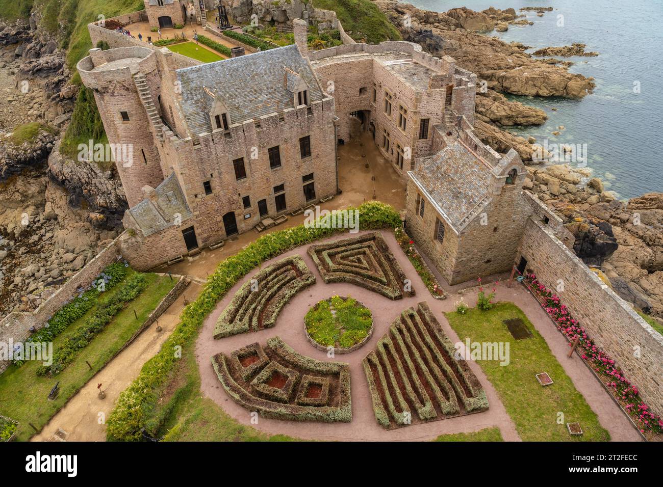 Gardens from above Fort-la-Latte castle by the sea at Cape Frehel and ...