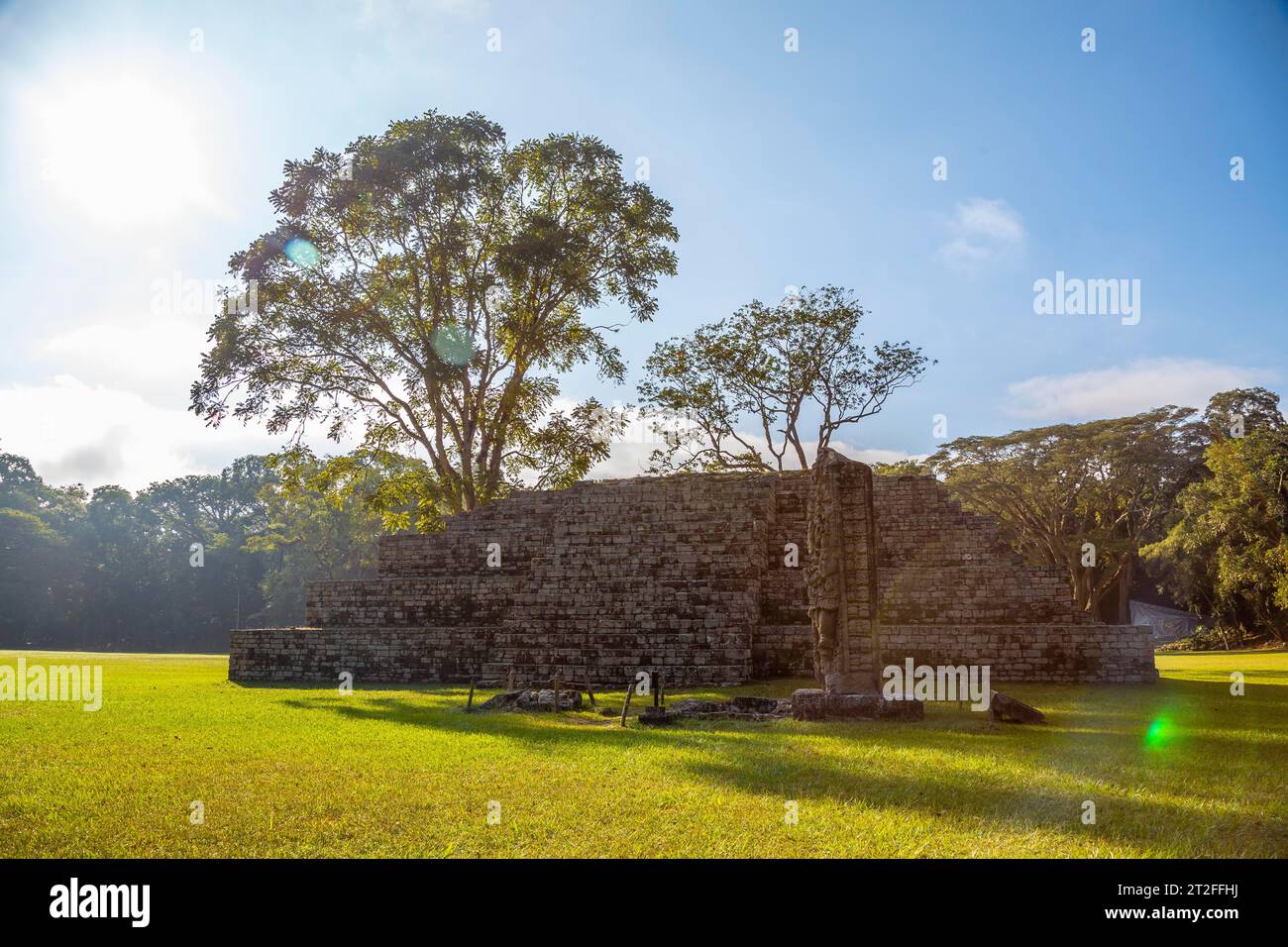 Backlight on the Mayan pyramids in The Copan Ruins temples. Honduras ...