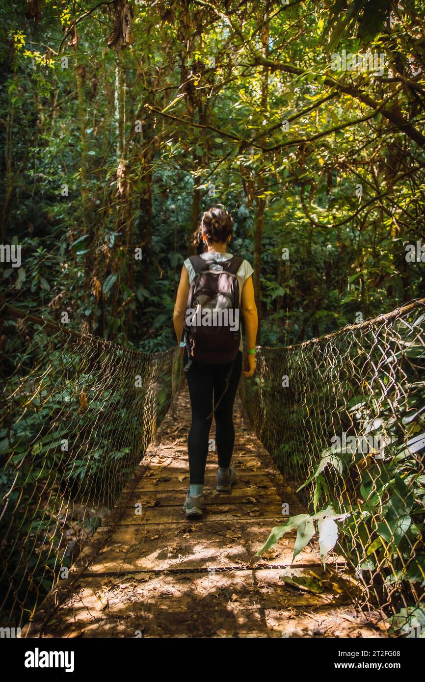 Walking on the wooden bridge in the Cerro Azul Meambar National Park ...