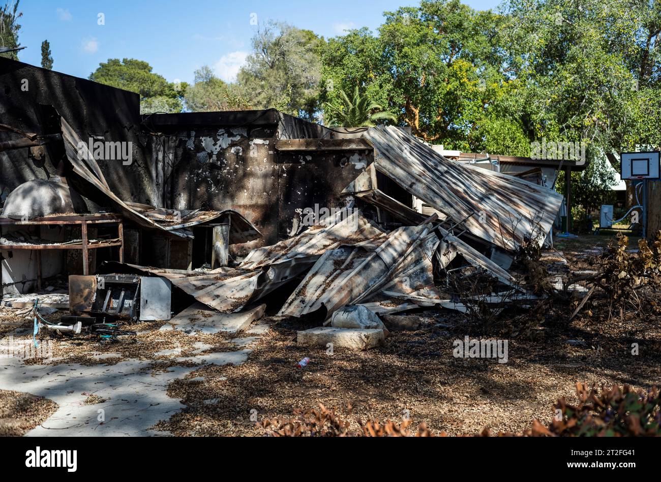 Nir Oz, Israel. 19th Oct, 2023. A view of the devastation caused by ...