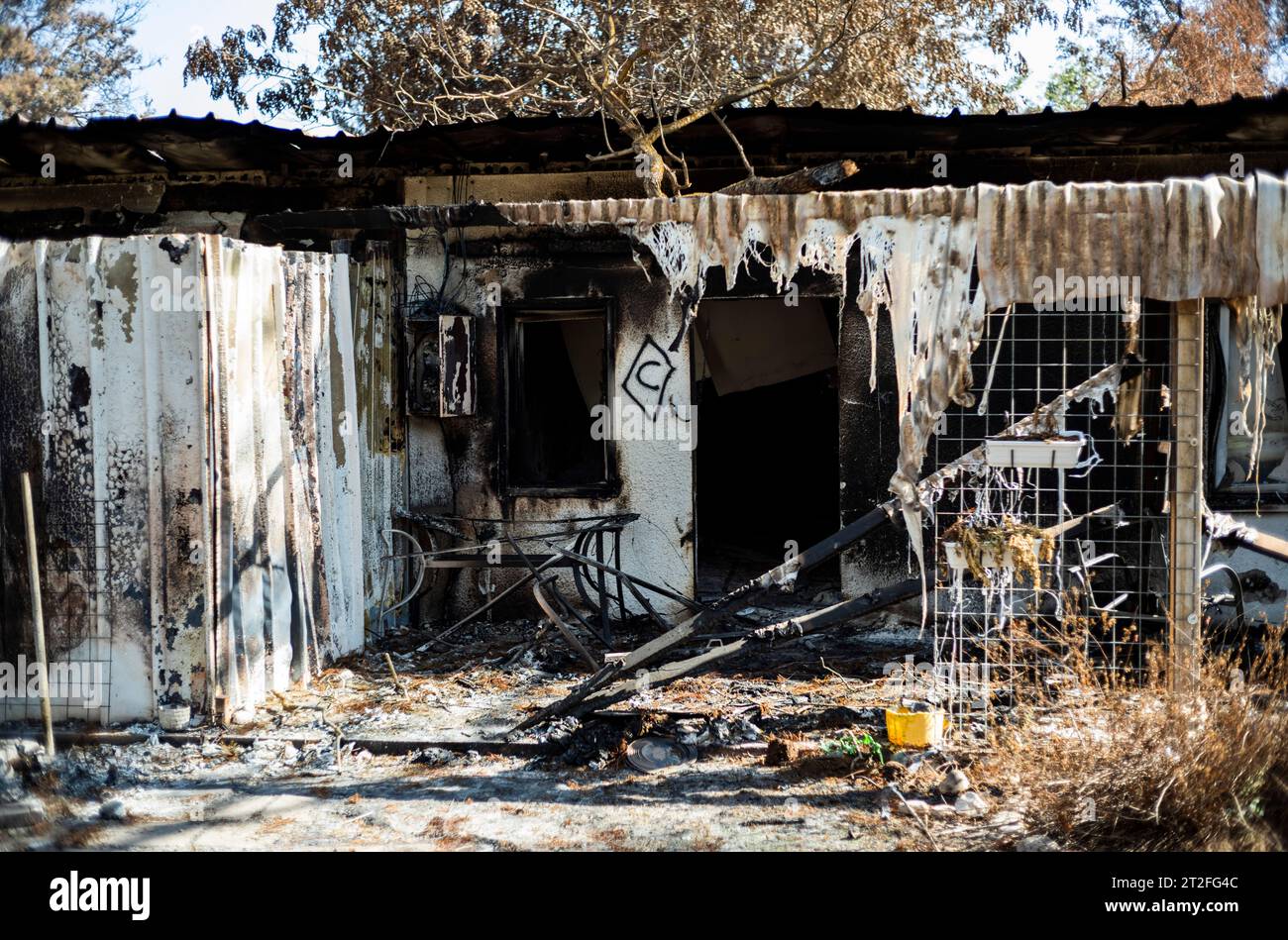Nir Oz, Israel. 19th Oct, 2023. A view of the devastation caused by ...