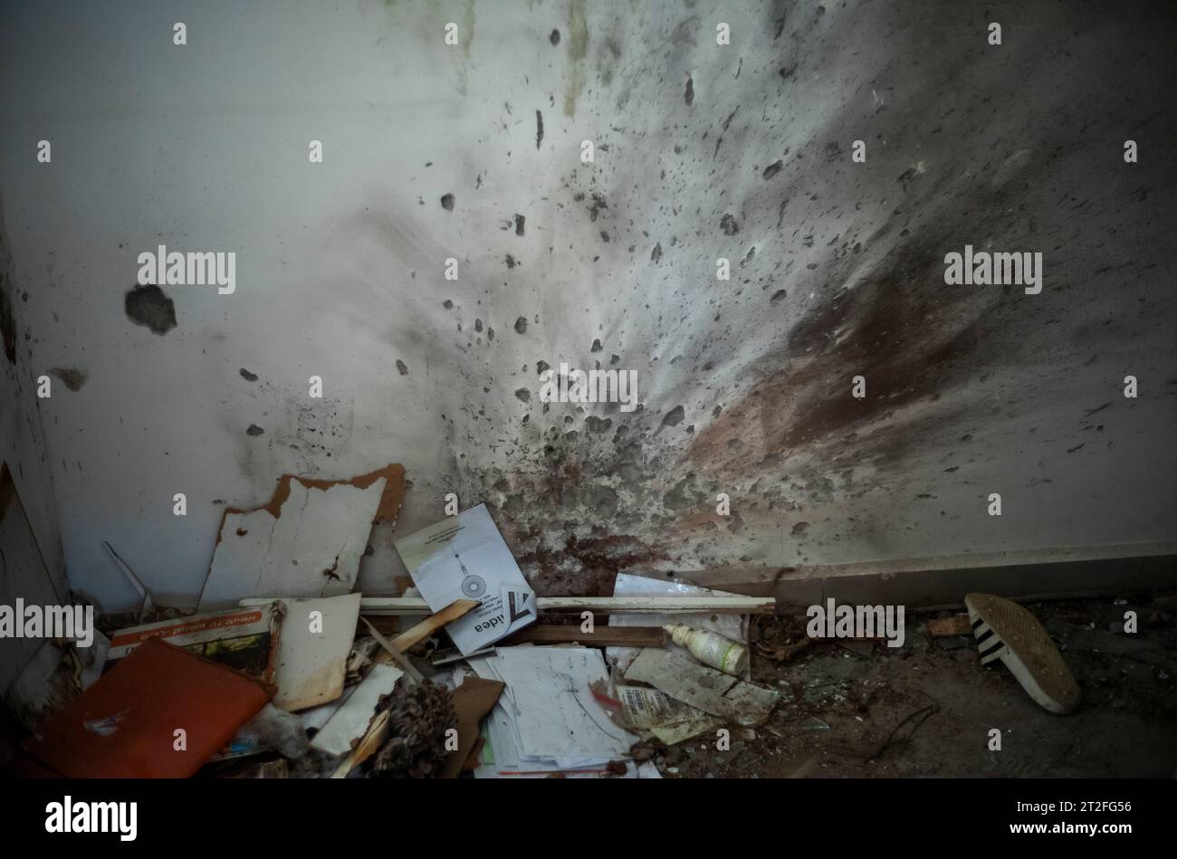 Nir Oz, Israel. 19th Oct, 2023. A view of the devastation caused by ...