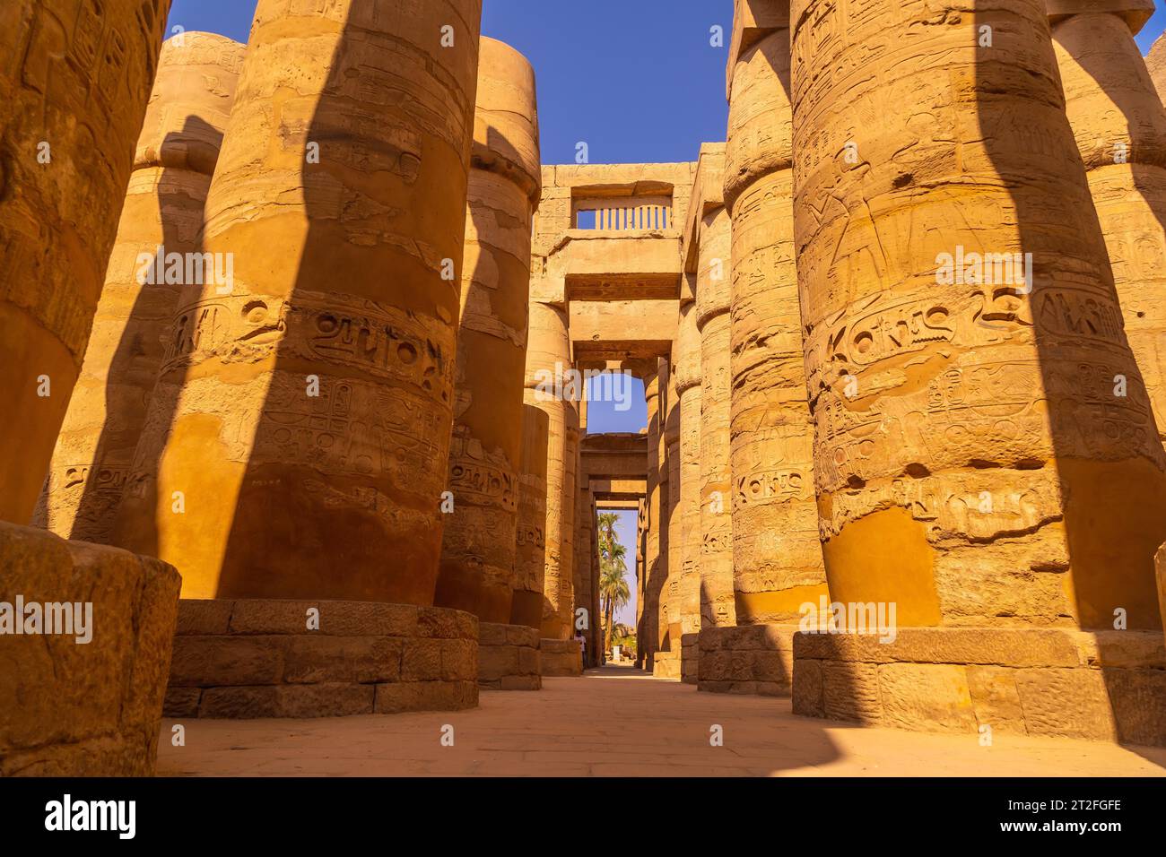 Columns with hieroglyphs inside the temple of Karnak, the great ...