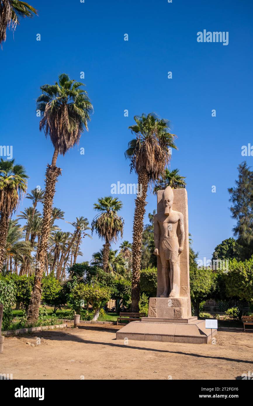 Detail of the sculpture between the palm trees of Pharaoh Ramses II at ...