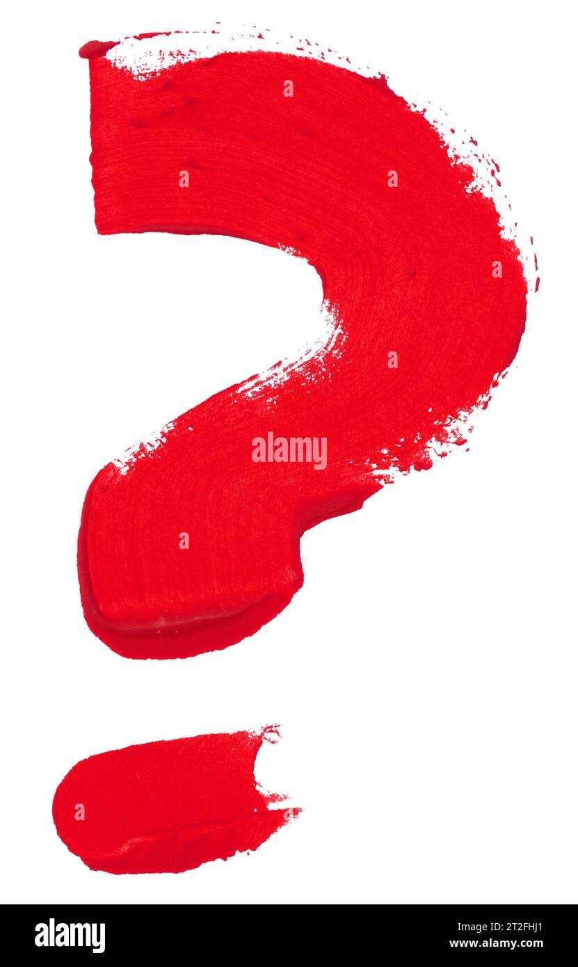 Brush drawn question mark with red watercolor paint, white isolated ...
