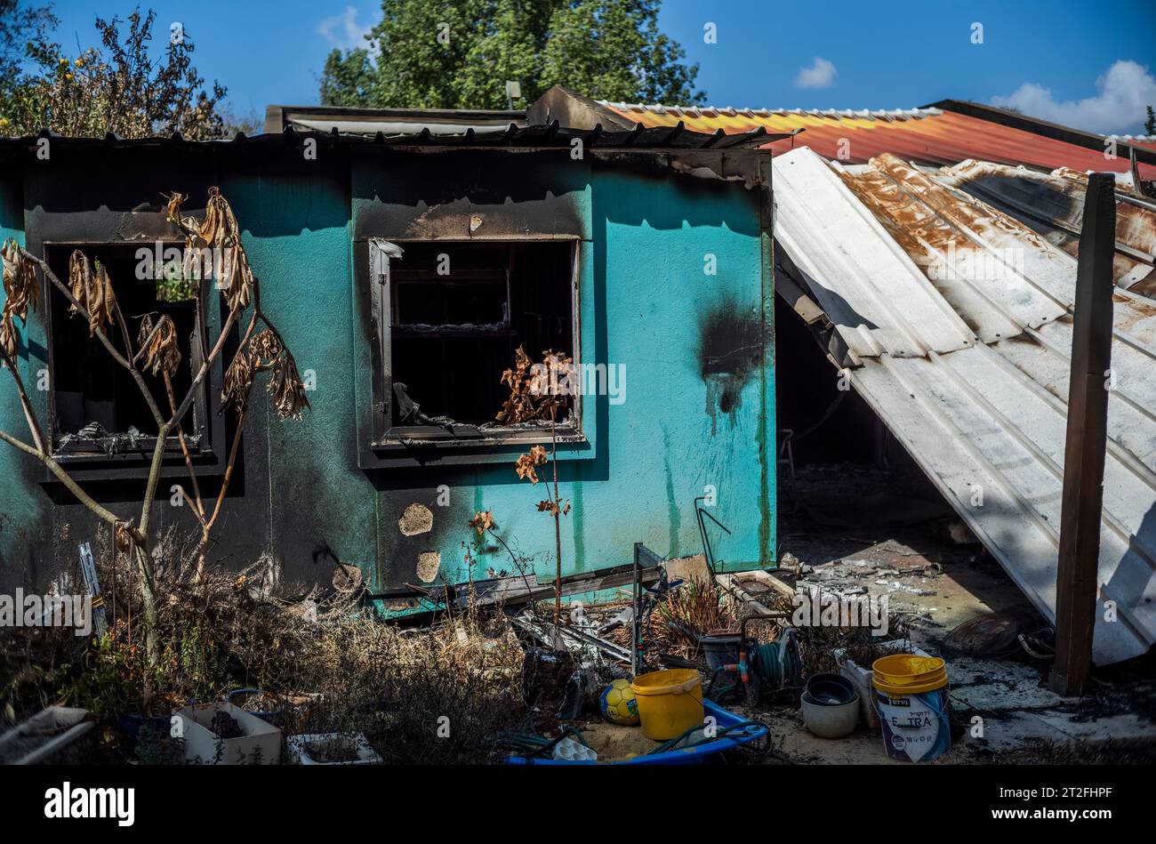 Nir Oz, Israel. 19th Oct, 2023. A view of the devastation caused by ...