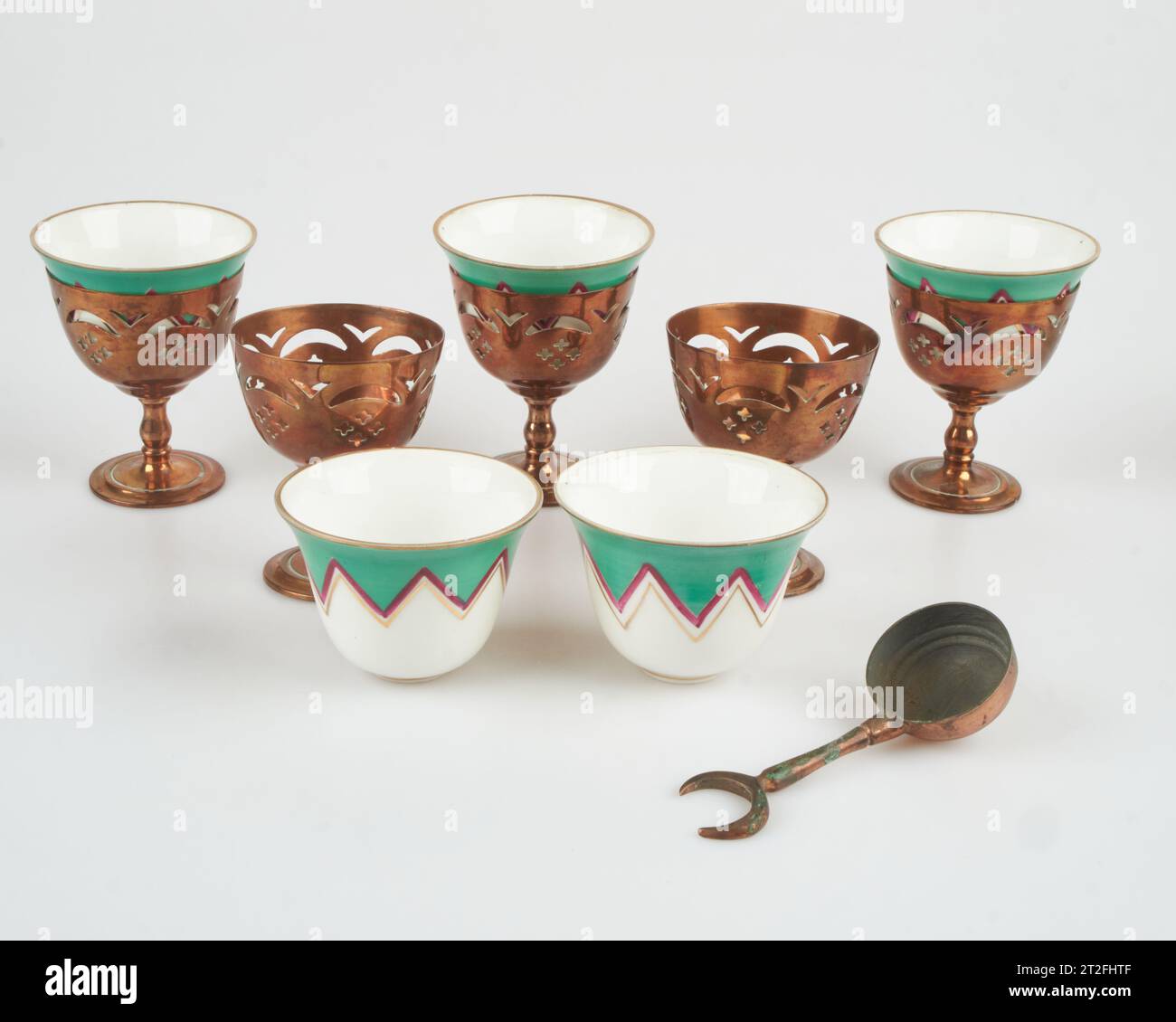 Set of 5 antique Picard 1920s Art Deco Turkish copper and porcelain ...