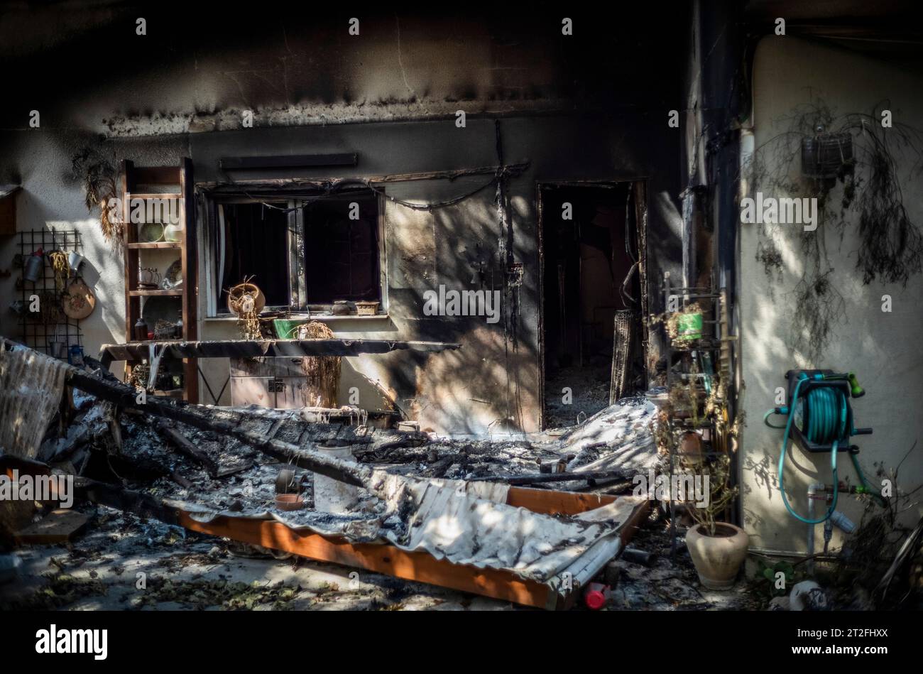 Nir Oz, Israel. 19th Oct, 2023. A view of the devastation caused by ...