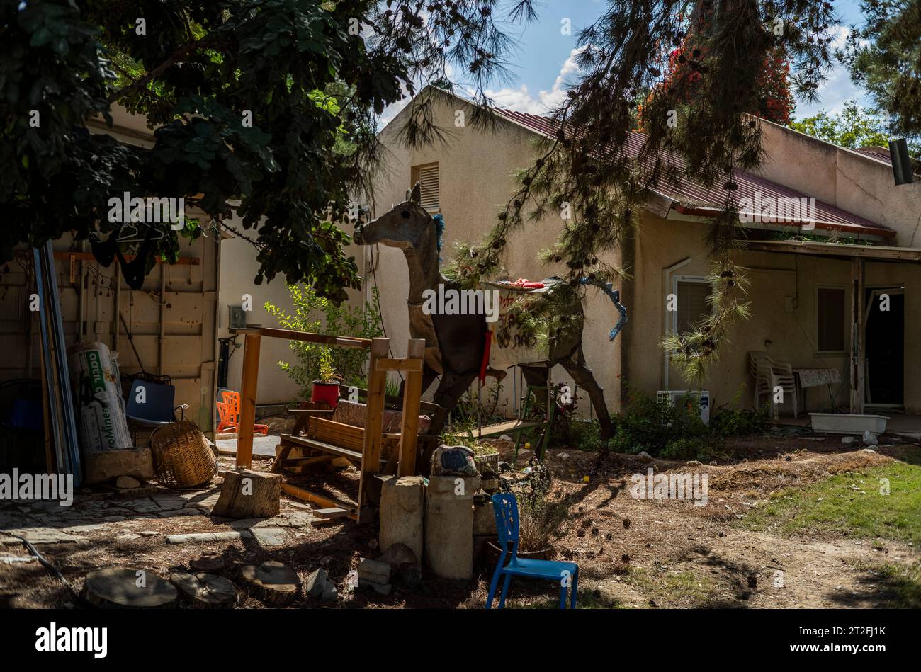 Nir Oz, Israel. 19th Oct, 2023. A view of the devastation caused by ...